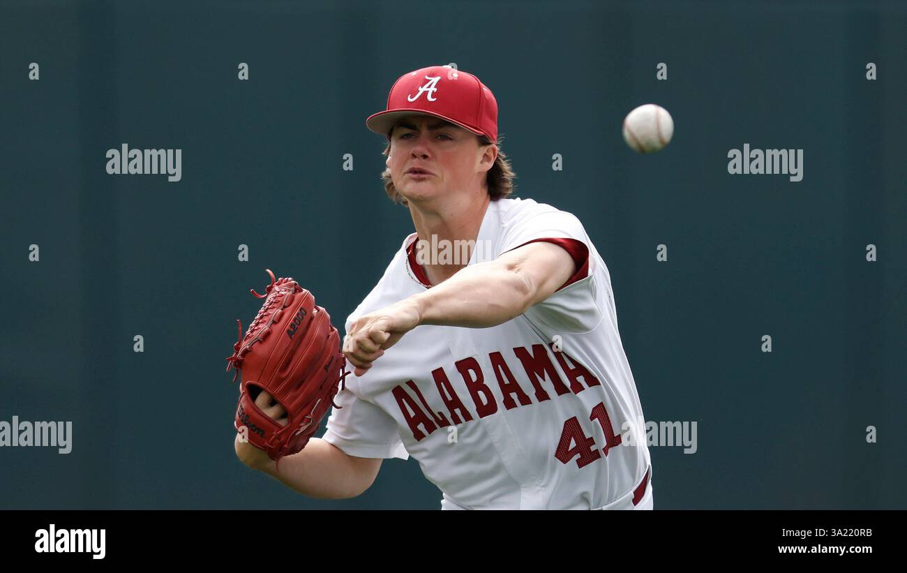Alabama pitcher Connor Ball (41) warms up before an NCAA baseball game ...