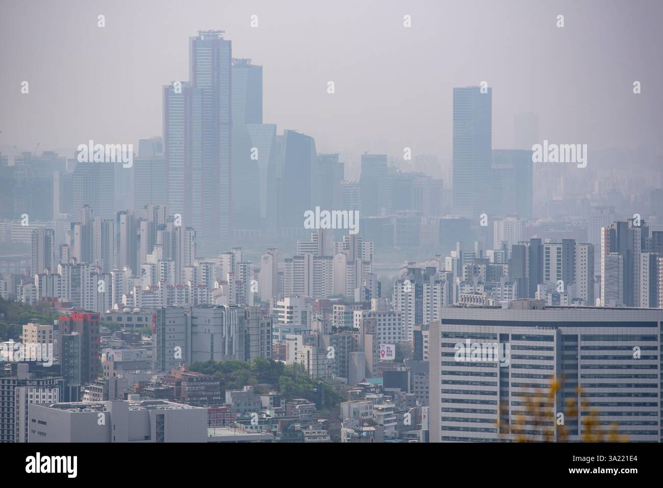 Smog pollution and yellow dust covering cityscape of Seoul, capital of ...
