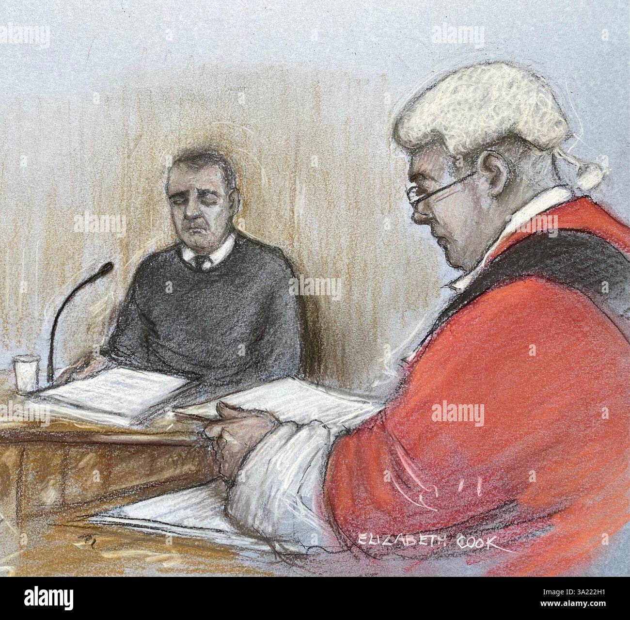Court artist sketch by Elizabeth Cook of BBC racing commentator John ...