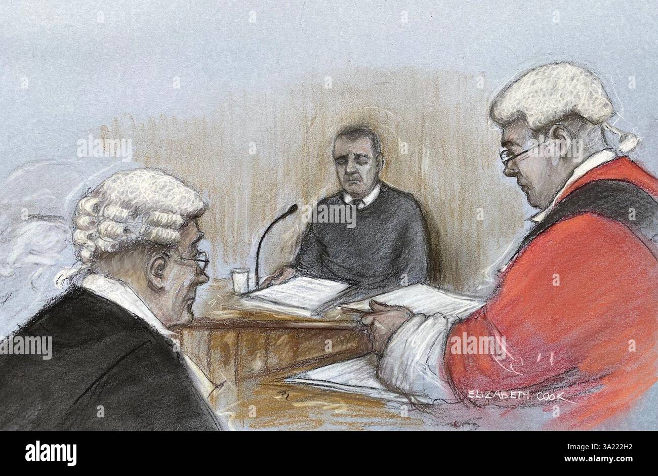 Court artist sketch by Elizabeth Cook of BBC racing commentator John ...