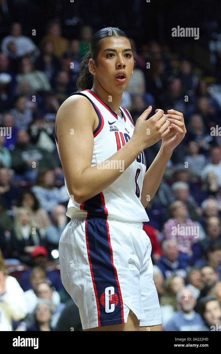 UNCASVILLE, CT - MARCH 10: UConn Huskies center Jana El Alfy (8) reacts to a foul call during ...