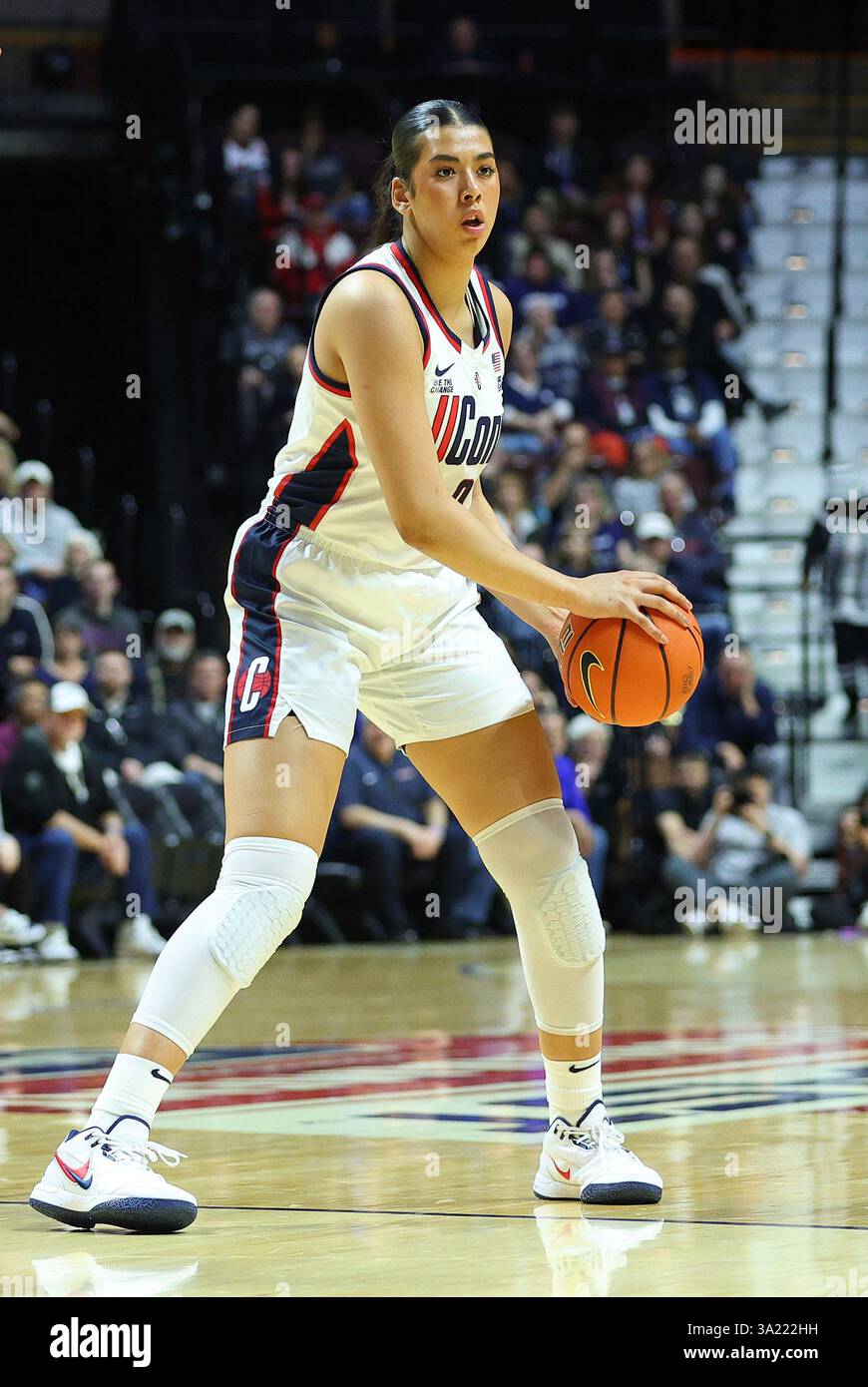 UNCASVILLE, CT - MARCH 10: UConn Huskies center Jana El Alfy (8) with the ball during the Women ...