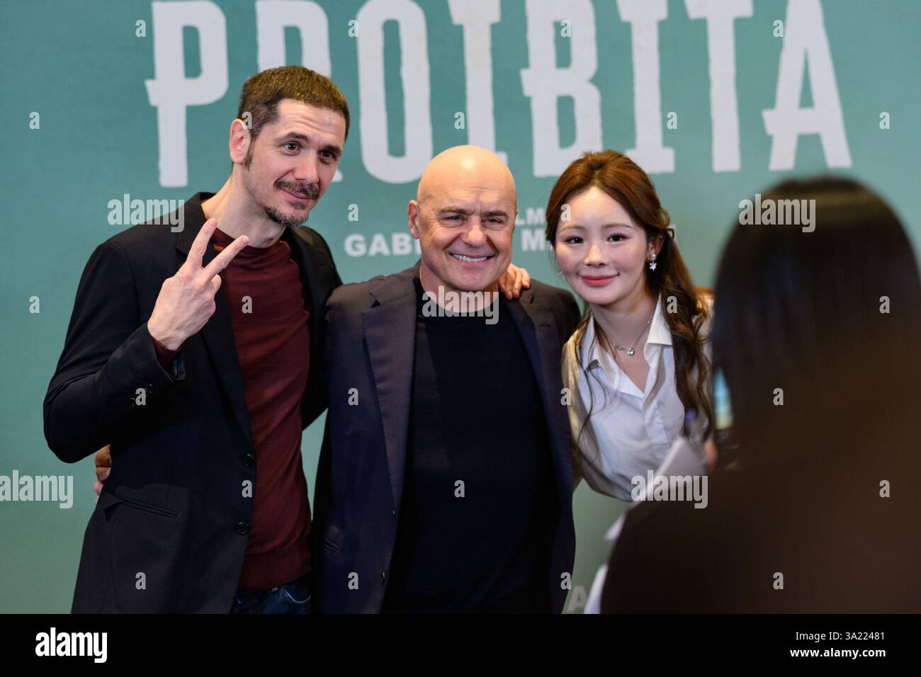 ROME, ITALY - MARCH 06: Gabriele Mainetti, Yaxi Liu and Luca Zingaretti ...