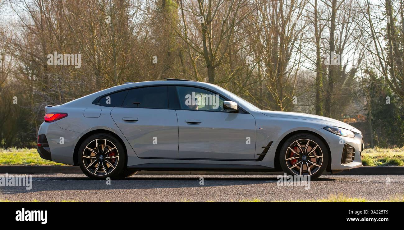 Stony Stratford,UK - Mar. 2nd 2025: 2024 grey BMW I4 edrive M Sport ...
