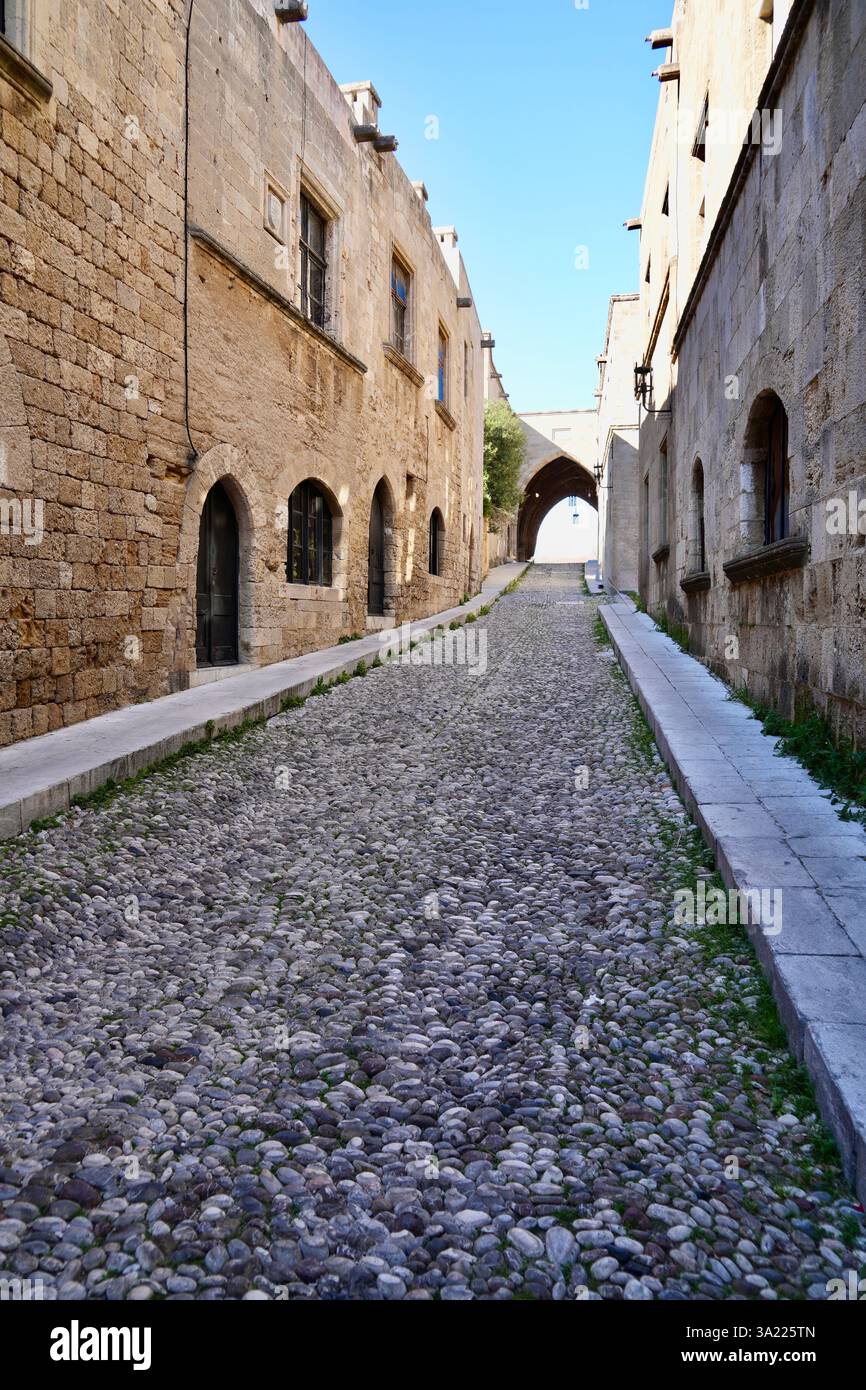 Cobbles and ancient stone buildings on the Street of the Knights of ...