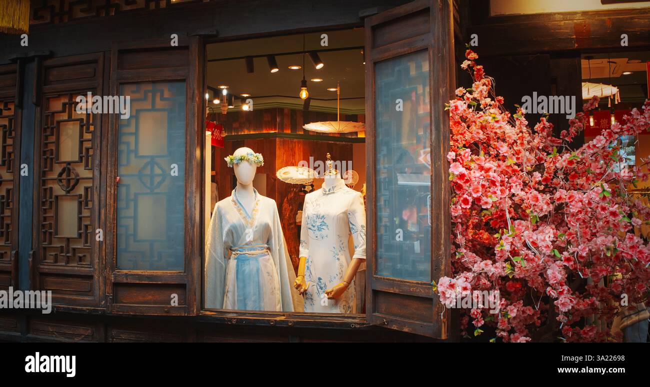 Chengdu, Sichuan, China. Mannequins In Traditional Chinese Dresses ...