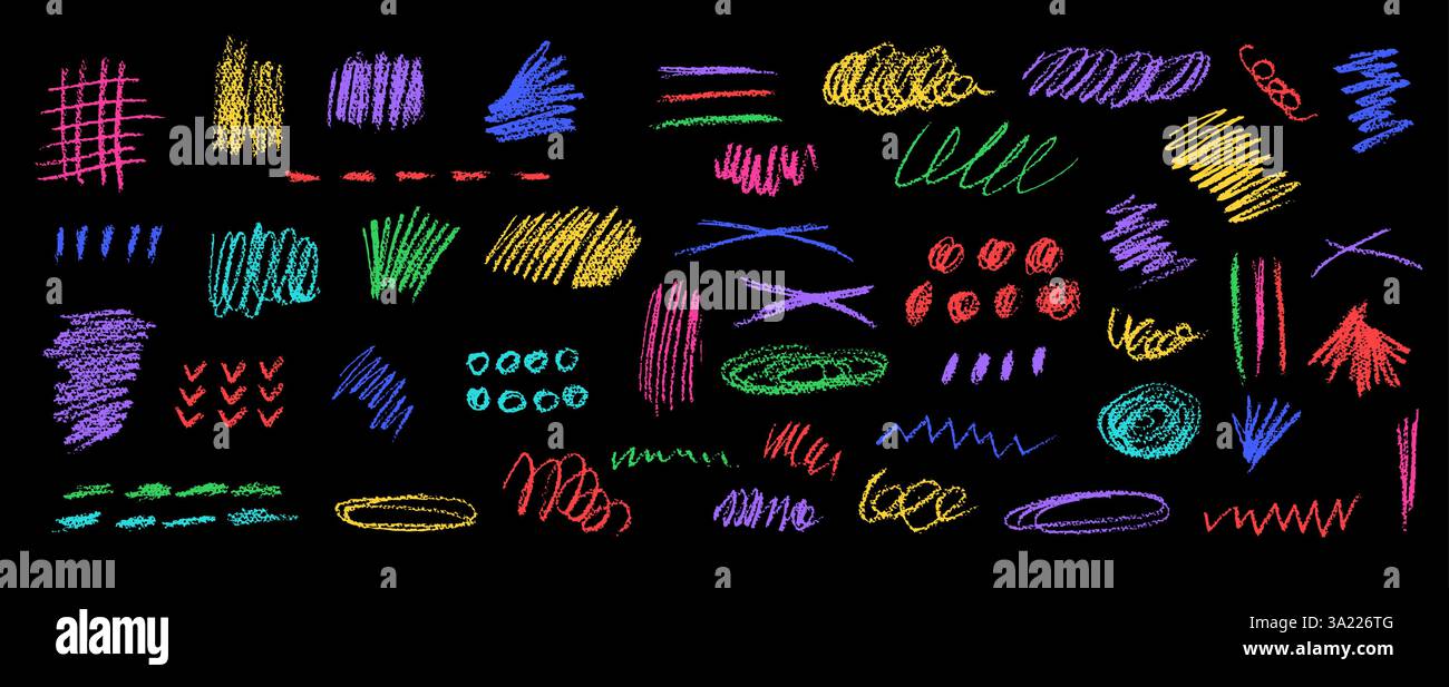 Set of chalk scribble frames and line brush elements. Collection of ...