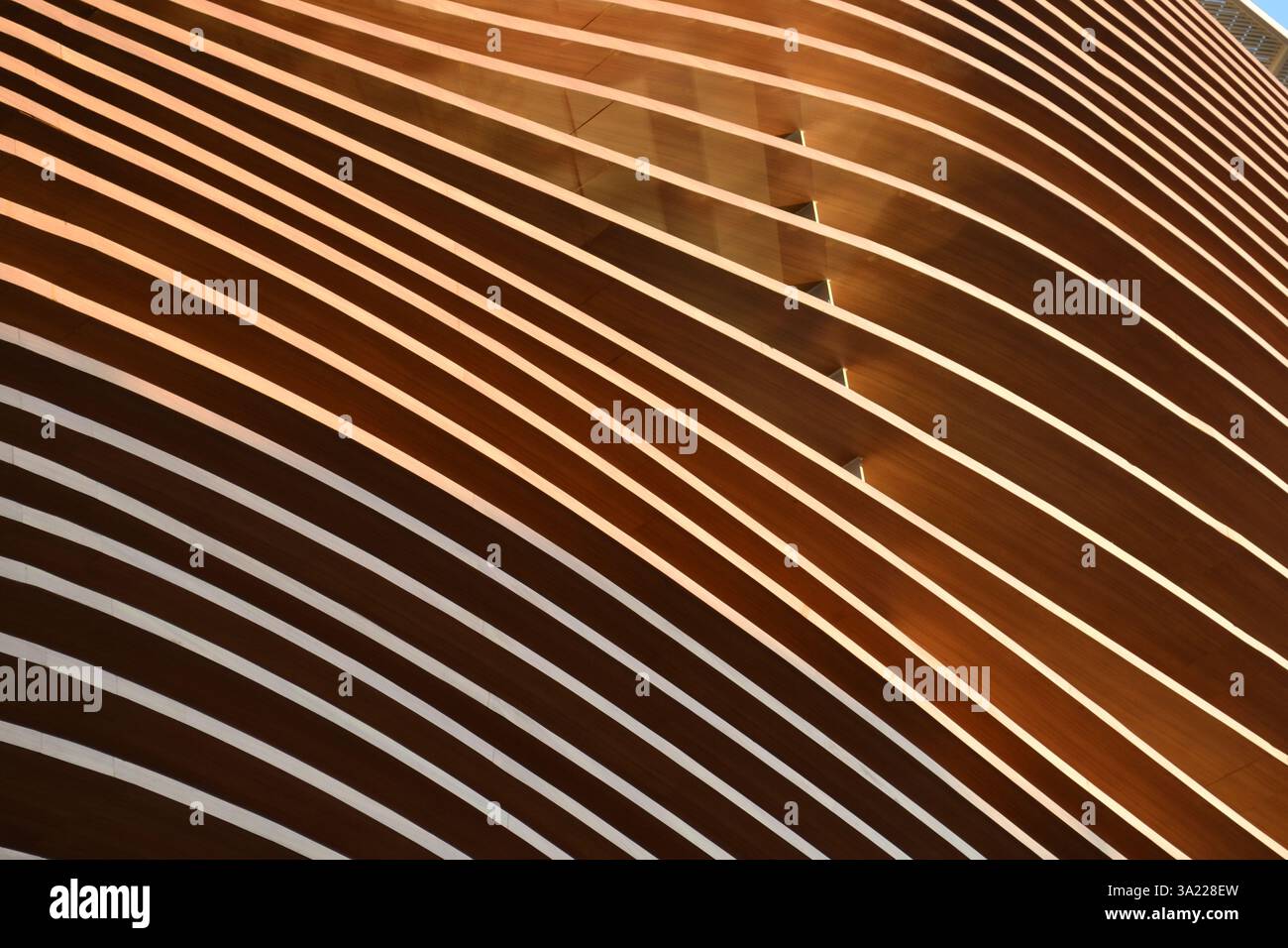 Architectural abstract of frame of long curved brown wooden board lines ...