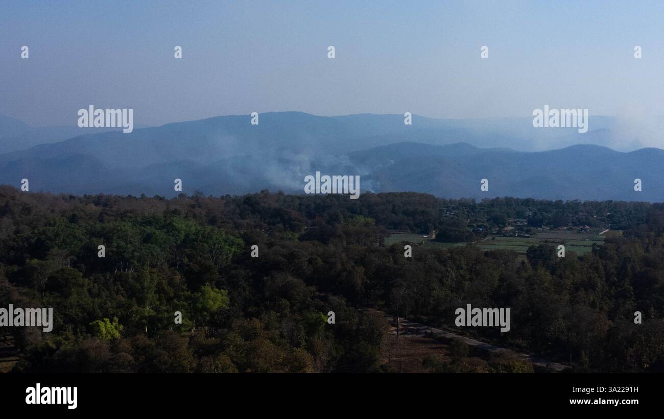 Aerial view of forest fires and smoke in the forests of Thailand ...