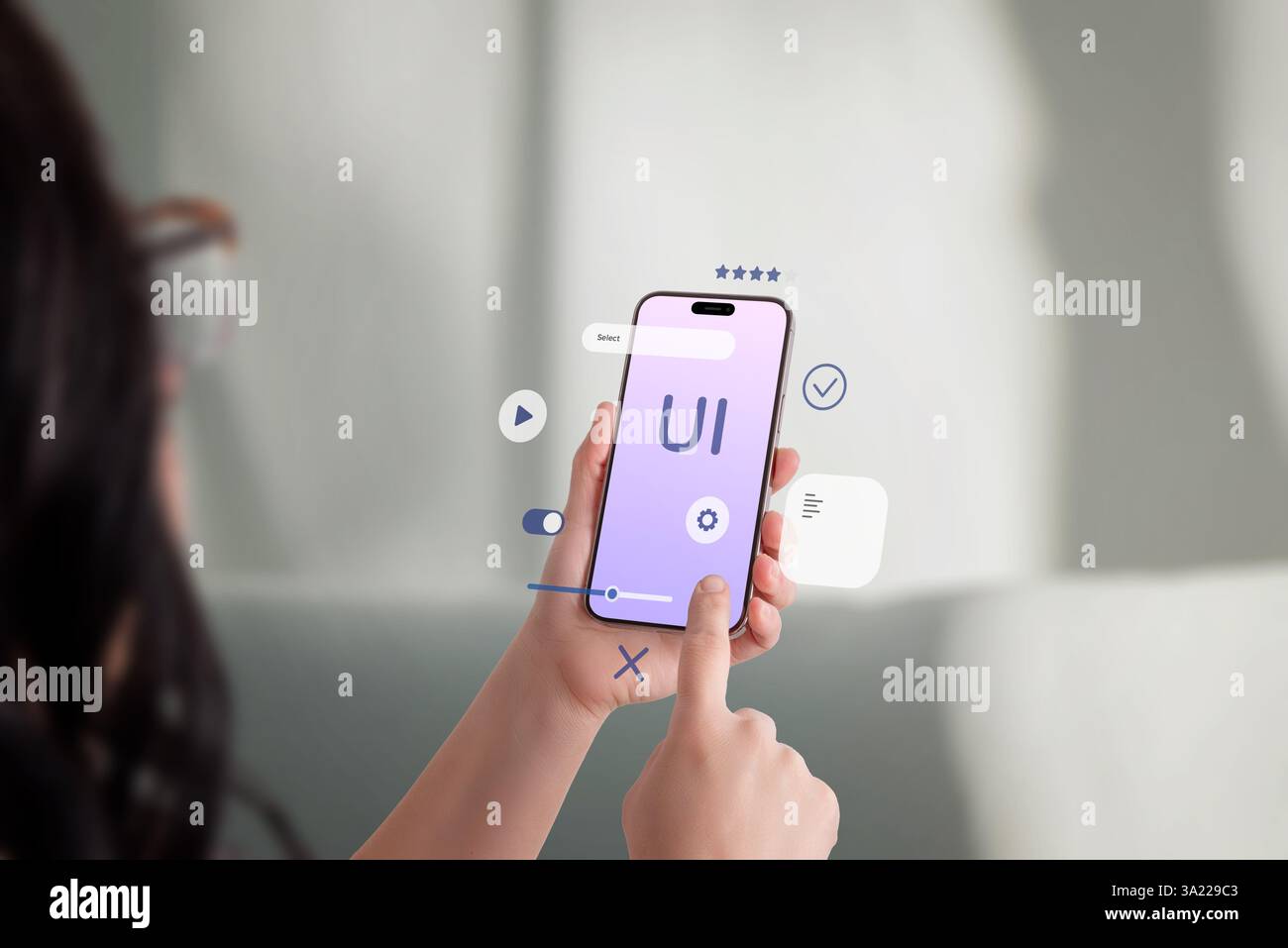 Young woman interacting with smartphone, floating UI elements, user ...