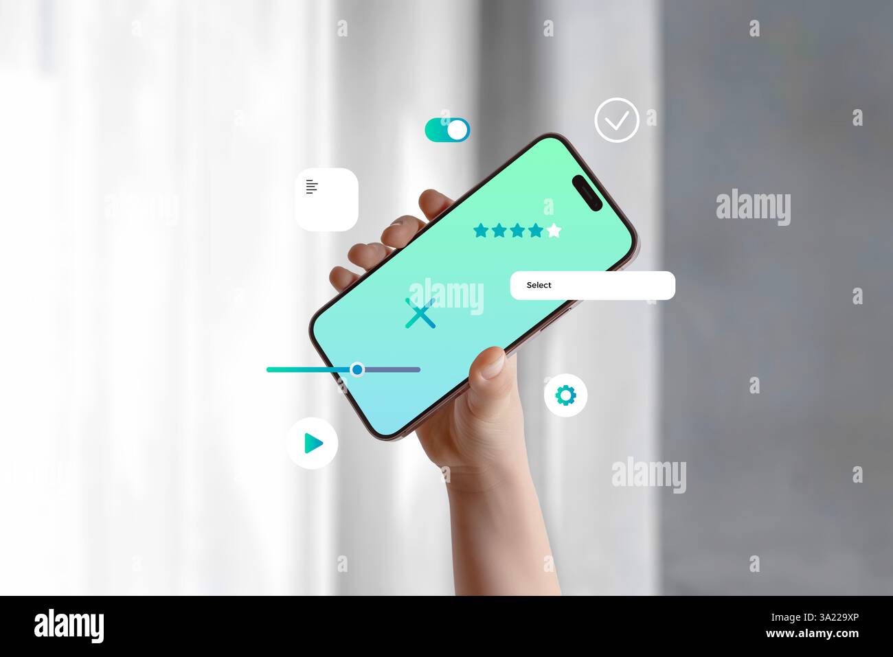 Raised smartphone with flying UI components, symbolizing app design ...