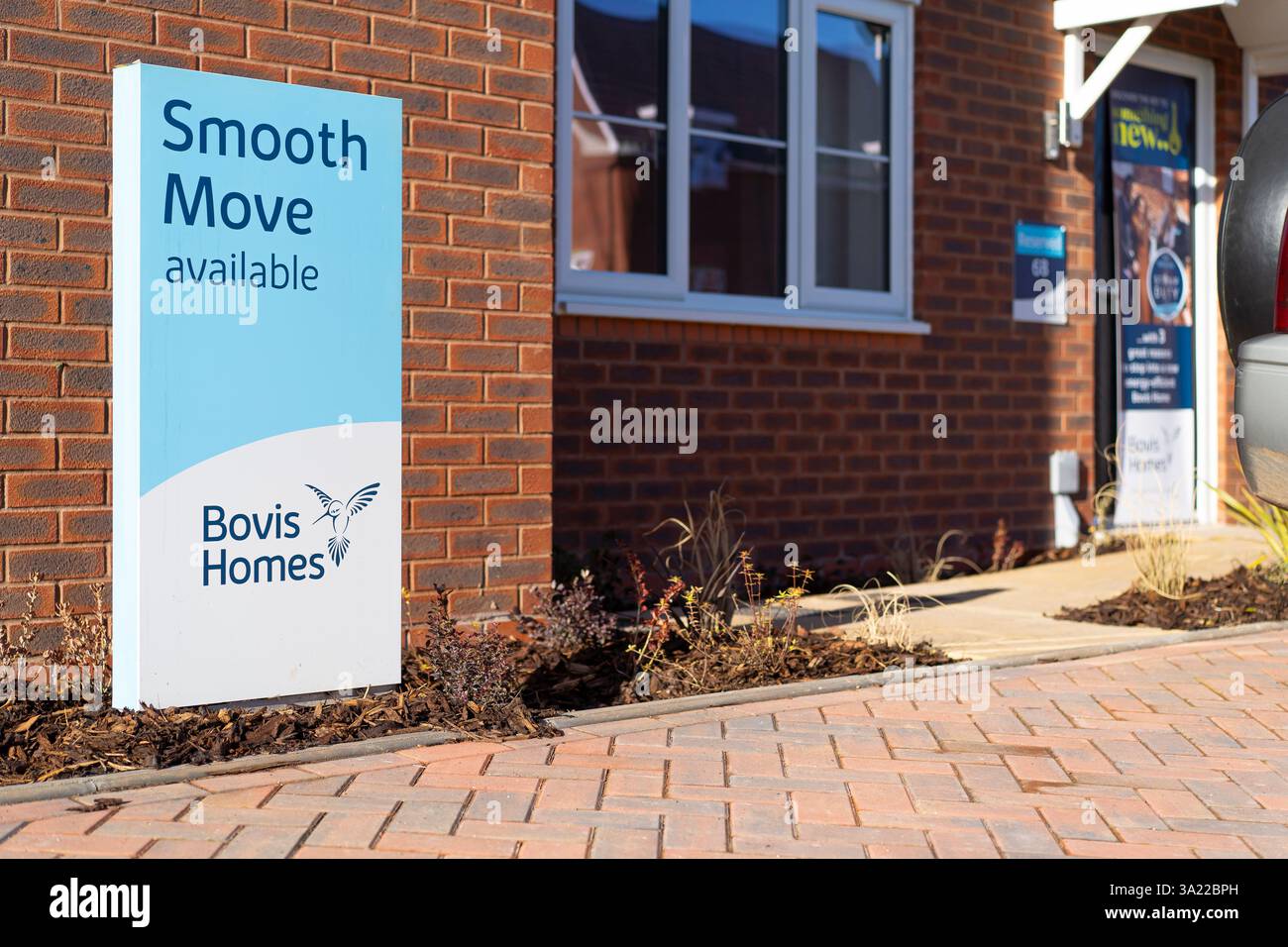 Close up view of a Bovis Homes house builders sign saying, smooth move ...