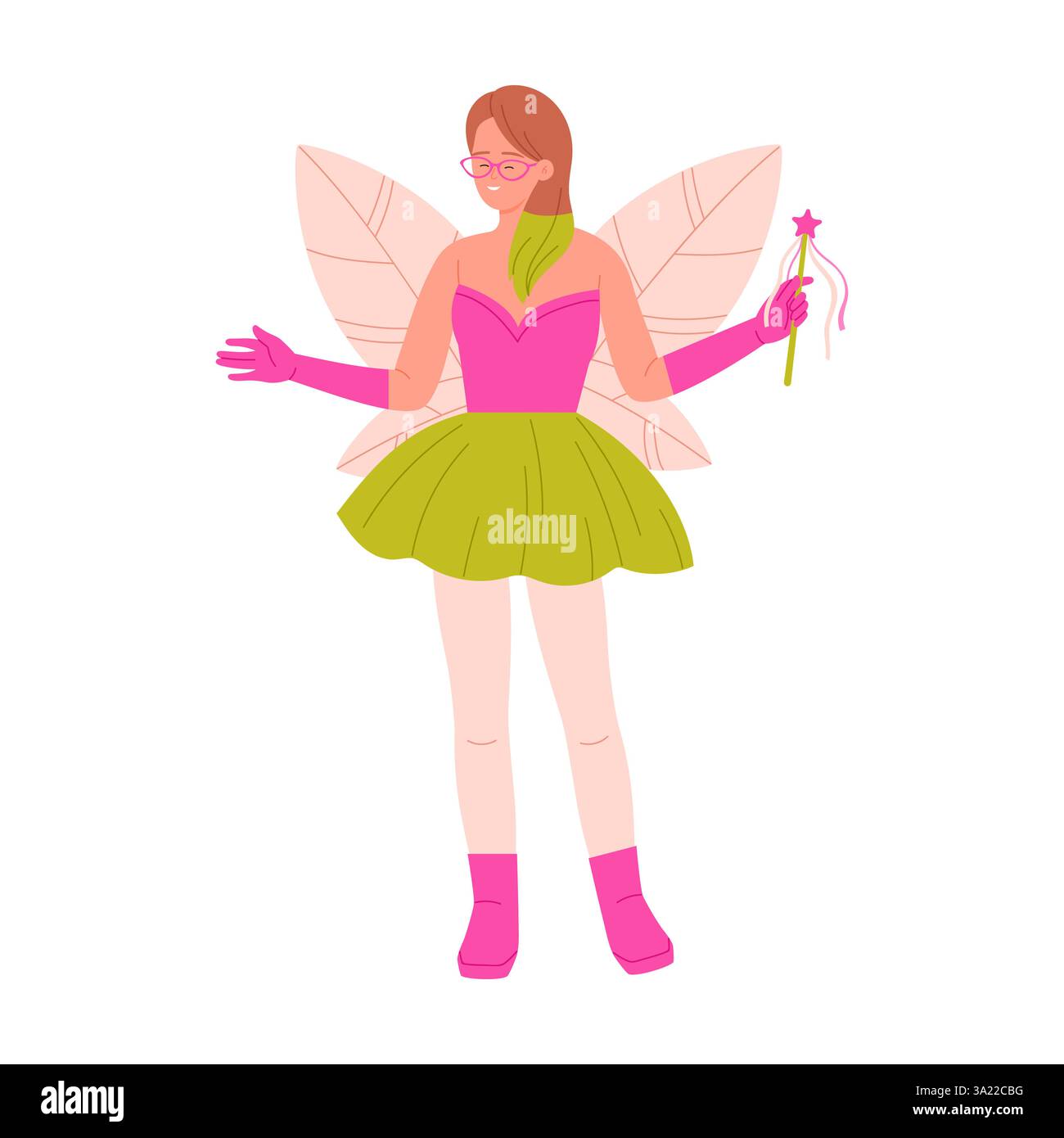 A whimsical fairy adorned in bright pink and green attire, fully ...