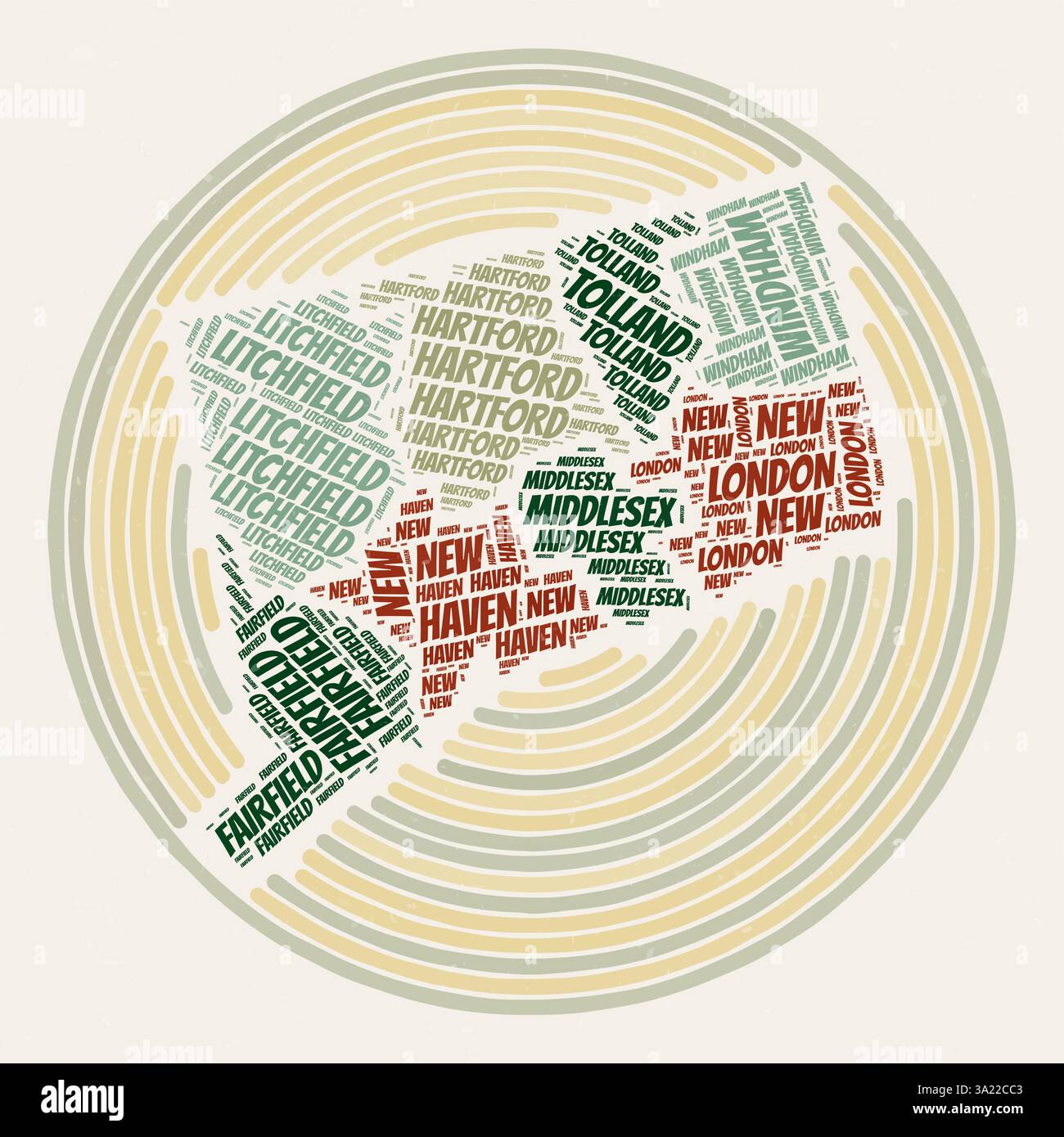 Connecticut Round Poster. Typography style image of State. Counties ...