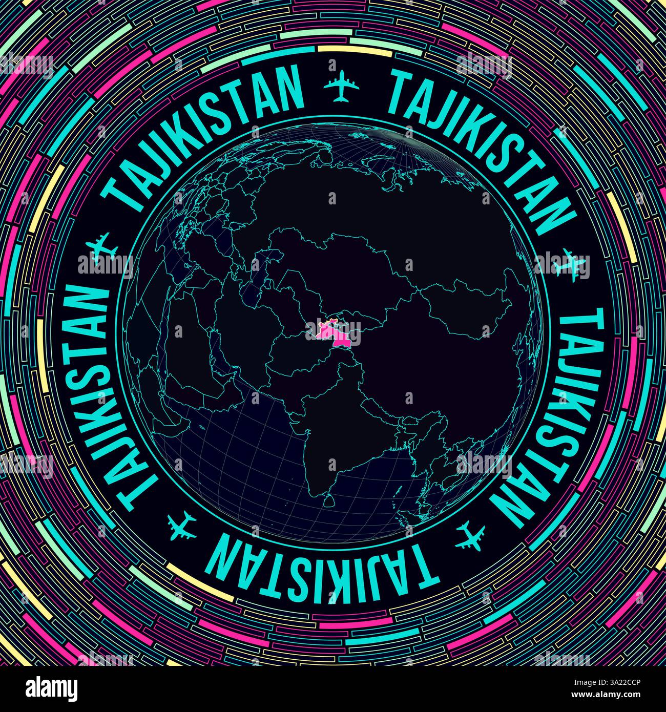 Tajikistan on globe. Satellite view of the world centered to Tajikistan ...