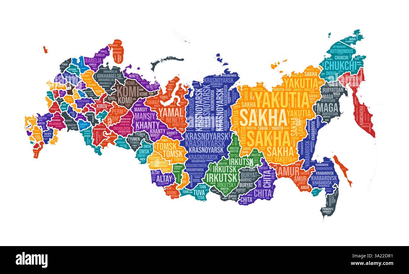 Russia shape. Country word cloud with region division. Russia colored ...