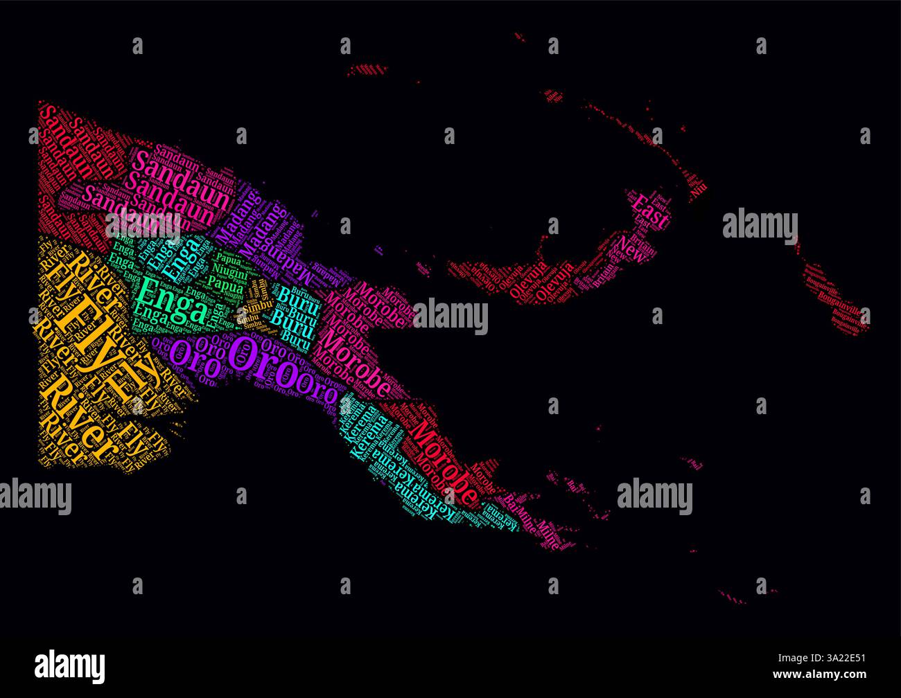 Papua New Guinea Regions Word Clouds. Bright neon style design on dark ...