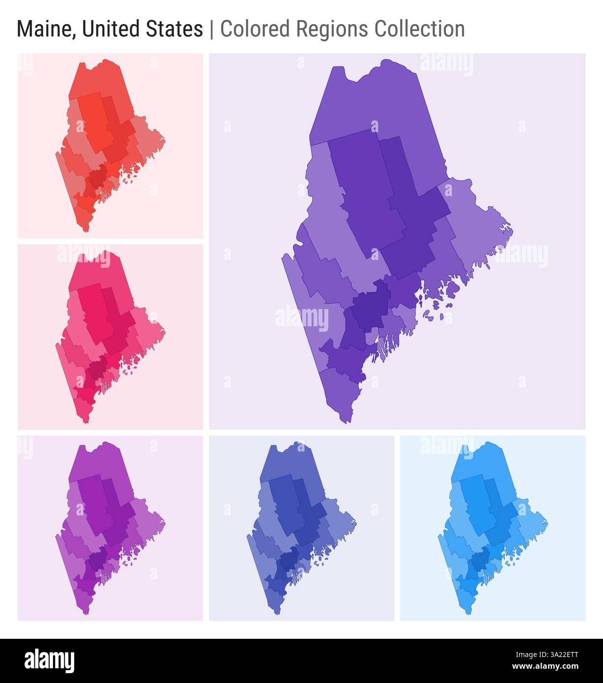 Maine, United States. Map collection. State shape. Colored counties ...