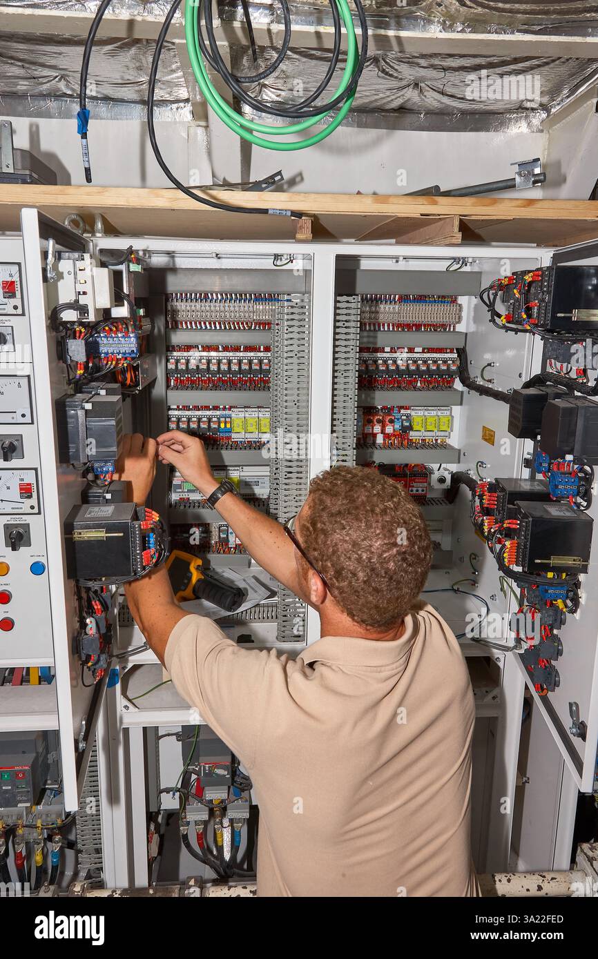 Technician Working Inside an Electrical Control Panel for Maintenance ...