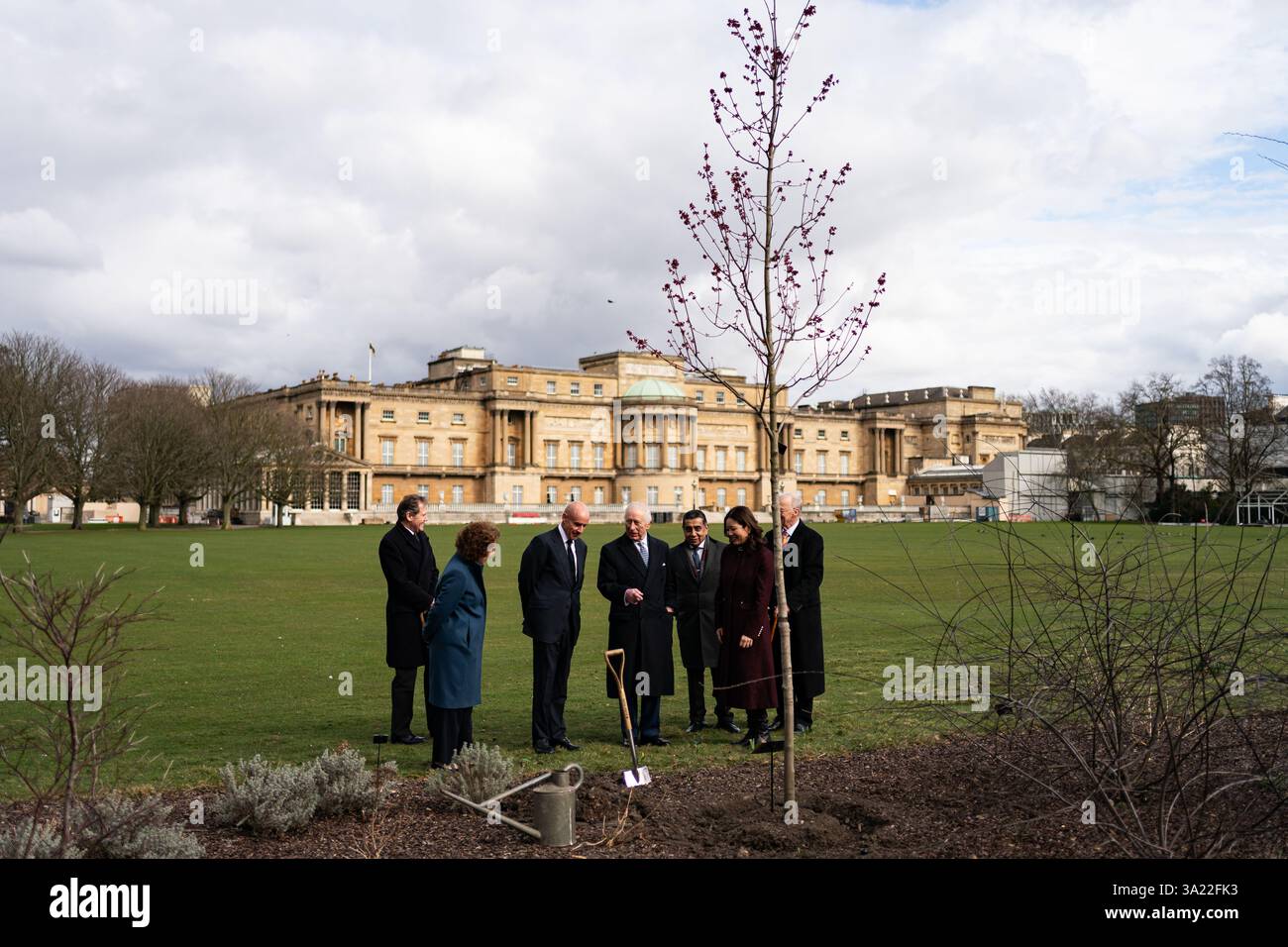 King Charles III with members of the Royal Commonwealth Society before planting an Acer Rubrum ...