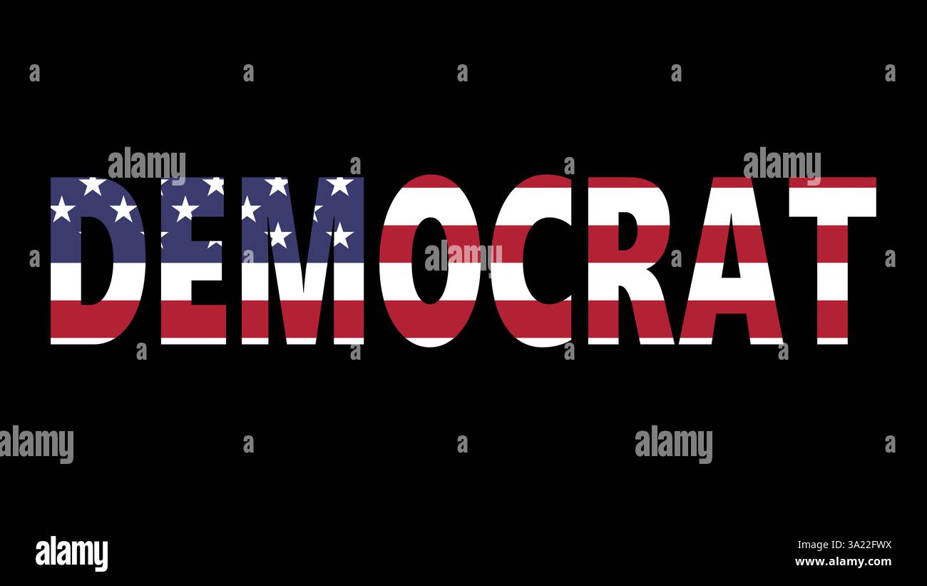 The word DEMOCRAT in the style of the US flag against a black ...