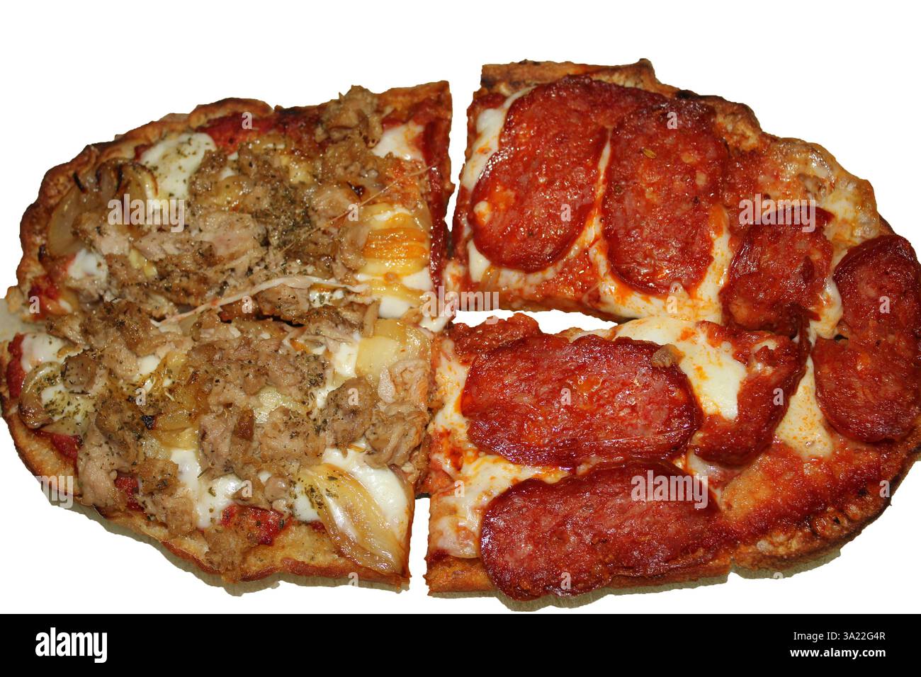 pizza isolated on white background, photographed from above and divided ...
