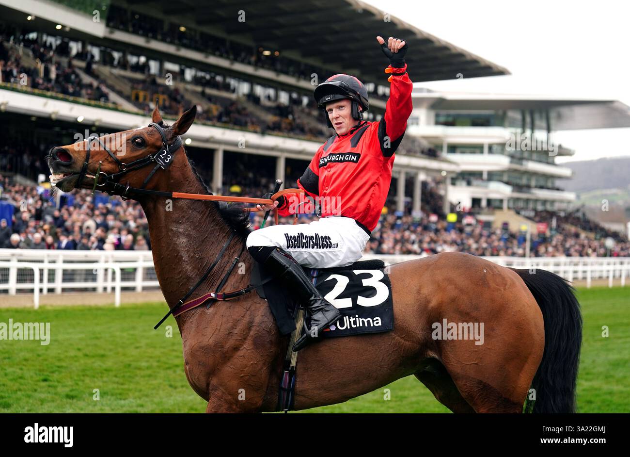 Patrick Wadge aboard Myretown after winning the Ultima Handicap Chase ...