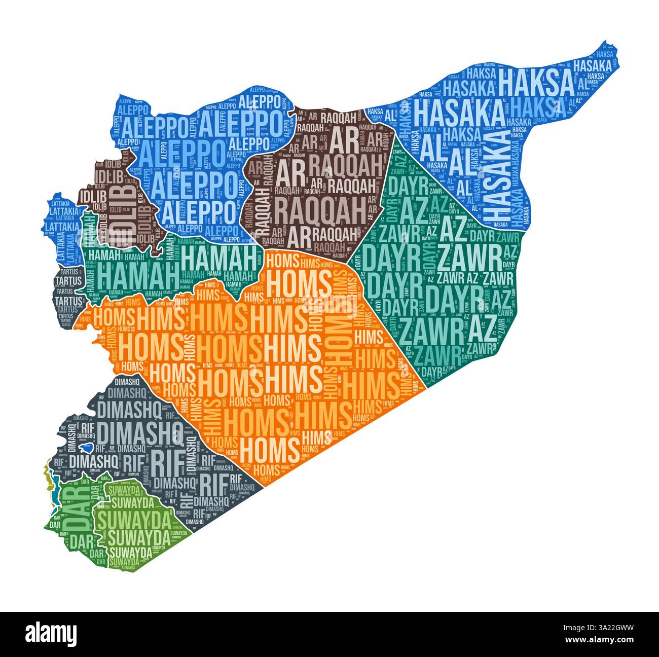 Syria shape. Country word cloud with region division. Syria colored ...
