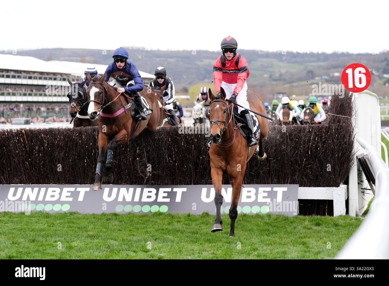 Myretown ridden by Patrick Wadge (right) on their way to winning the Ultima Handicap Chase on ...