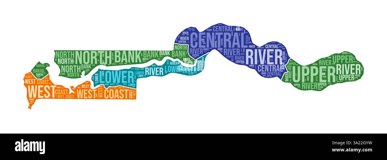 Gambia shape. Country word cloud with region division. Gambia colored ...