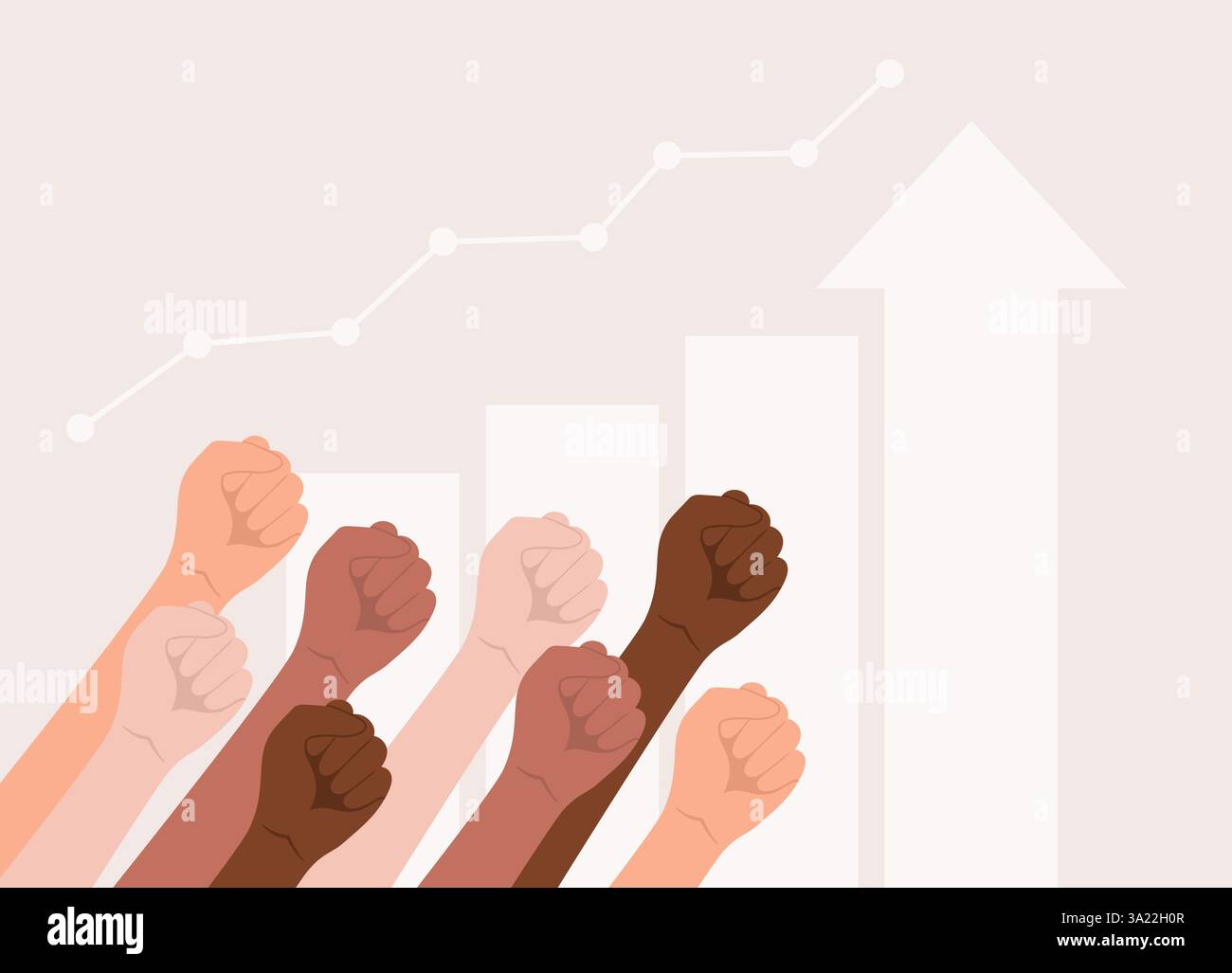 Hands of people of different nationalities and skin tones raised up and ...