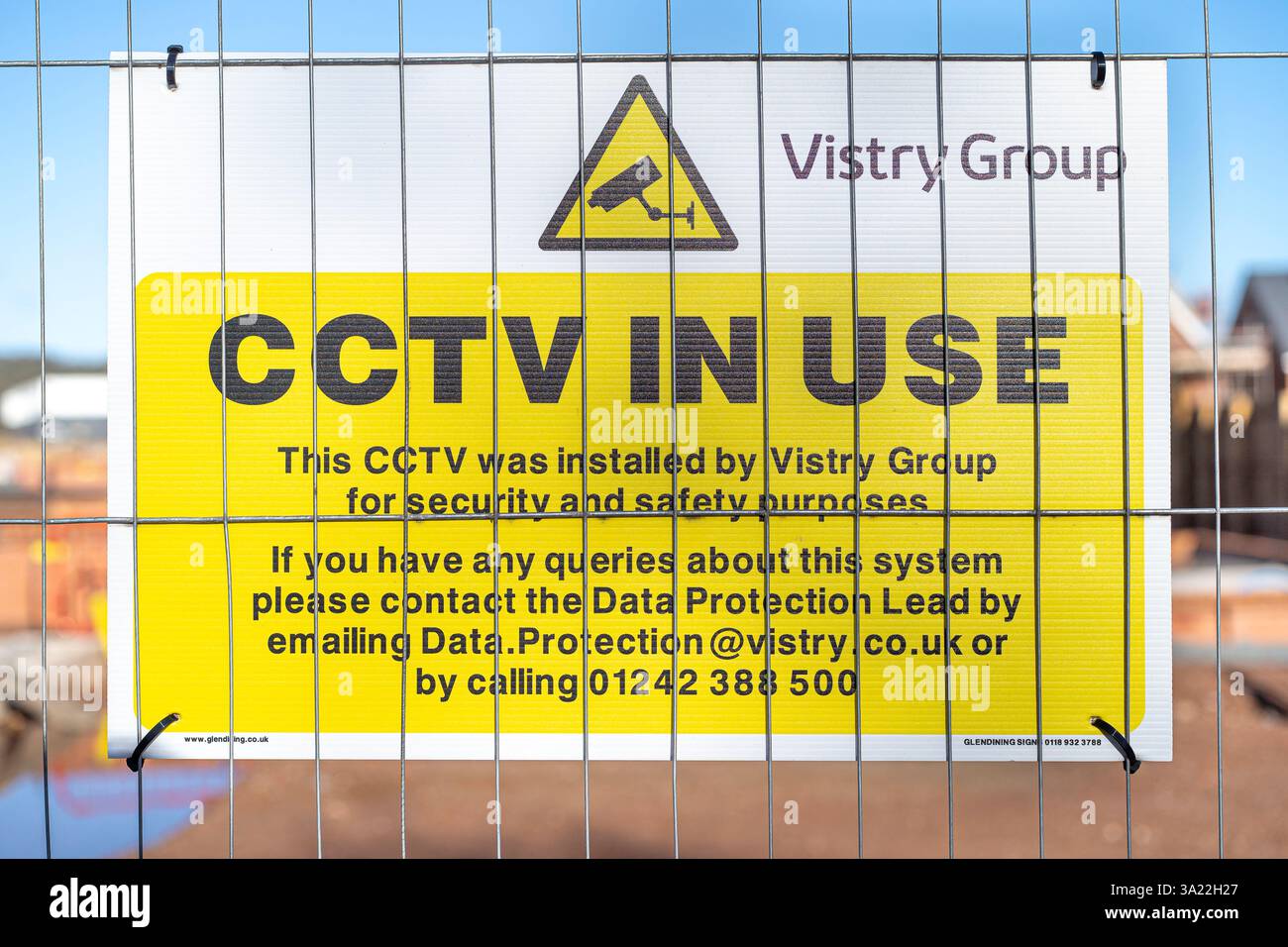 Vistry Group sign on a building site fence explaining that, CCTV is in ...