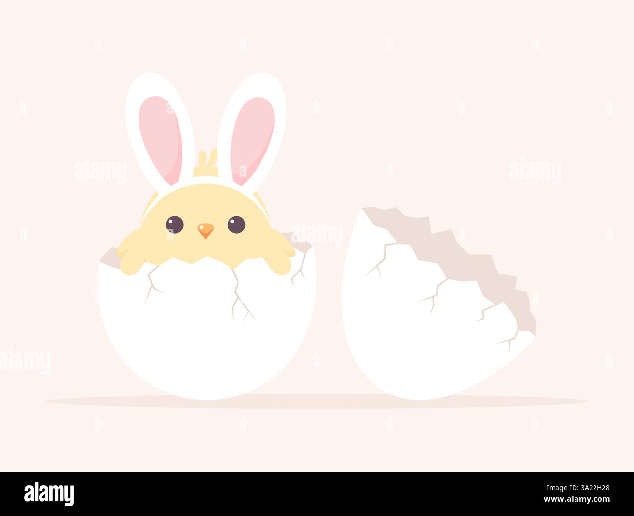 Cute chick wearing bunny ears sitting inside a broken eggshell. Flat ...