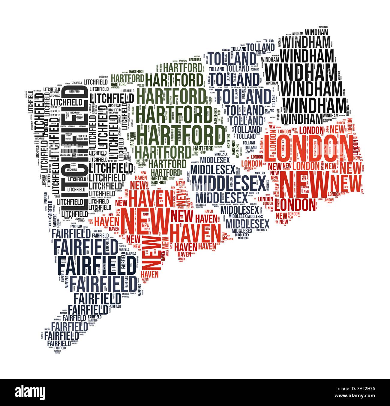 Connecticut Word Cloud. State shape with county division. Connecticut typography style image ...