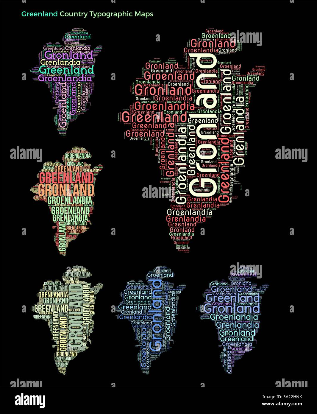 Greenland. Set of typography style country illustrations. Greenland map ...