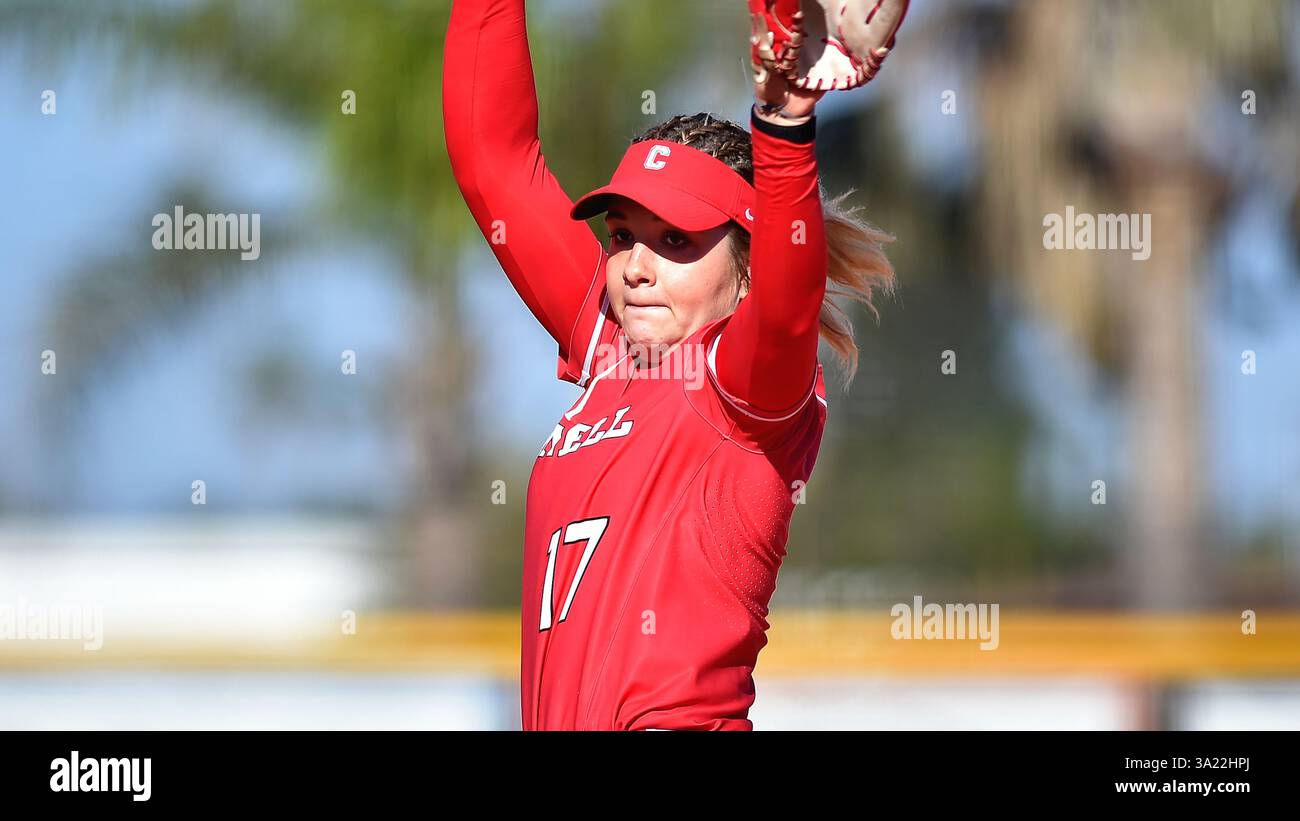 Cornell University relief pitcher, Kyrie Denny (17), fires at batters ...