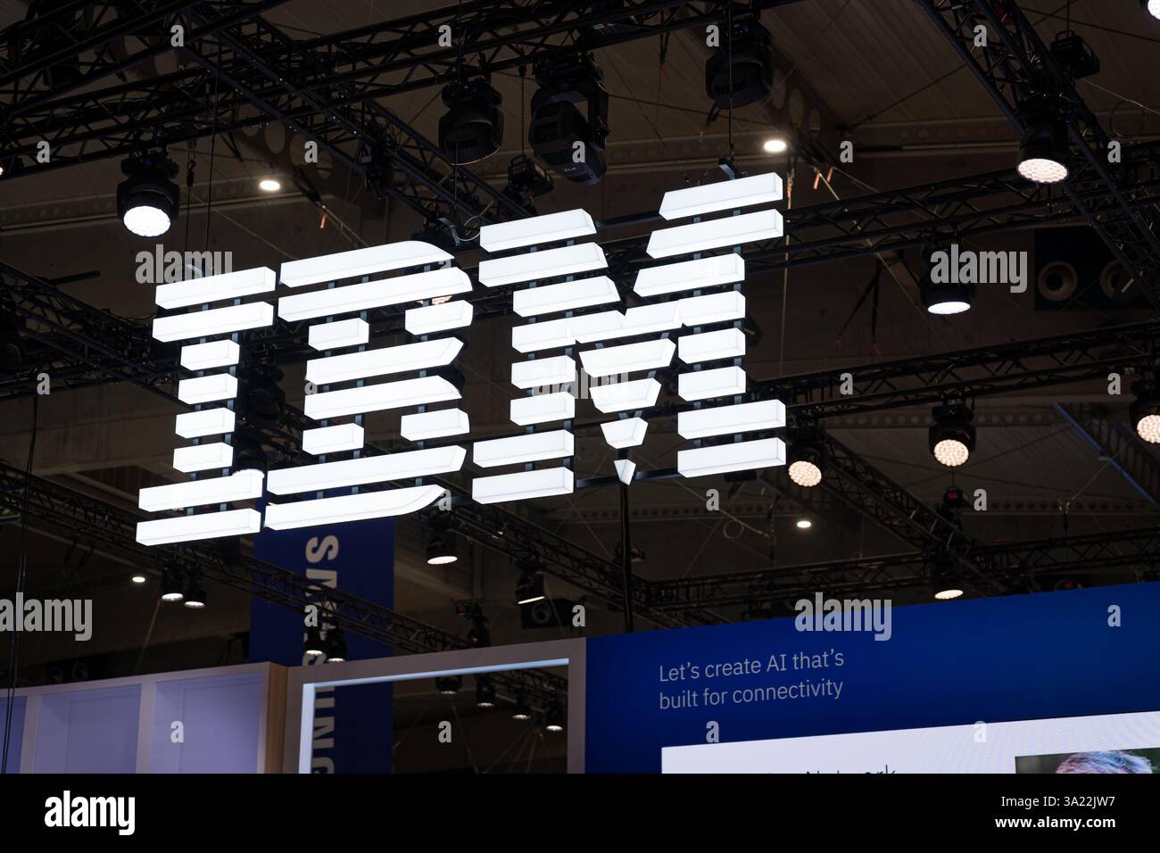 Barcelona, Spain - 4 March 2025: Chip maker IBM logo is seen at the Mobile World Congress 2025 ...