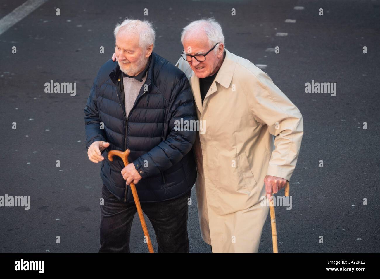 Two elderly men with walking sticks crossing the road in central London ...