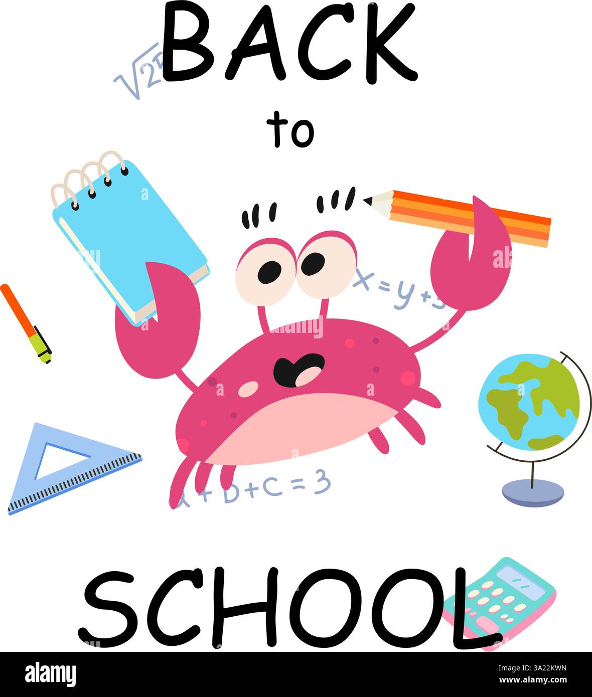 Back to school print template. Cute crab with pencil and notepad ...