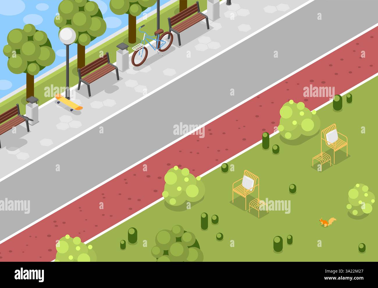City park scene. Isometric urban outdoor public area with lawns ...