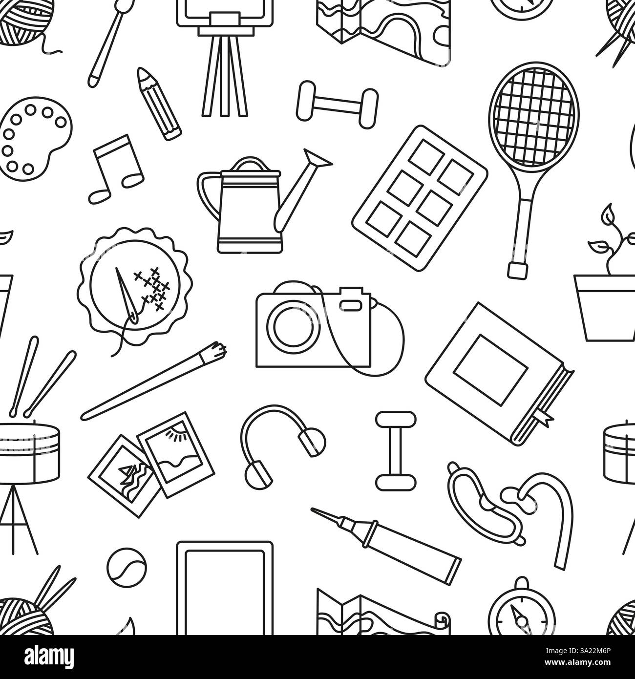 Hobby elements seamless pattern. Line photo camera, book, paints and ...