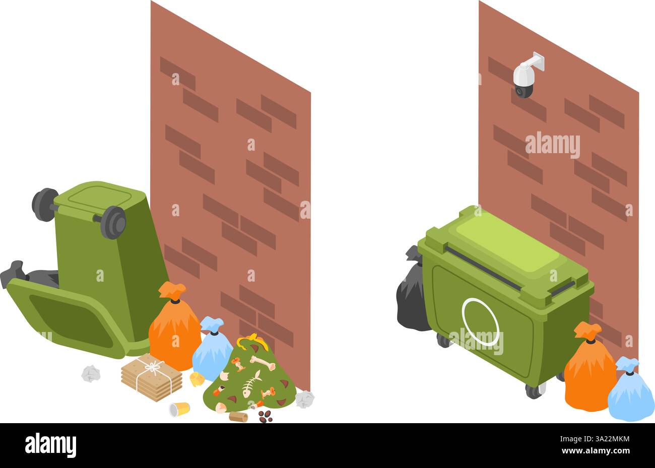 Public garbage with and without video surveillance. Overturned trash ...