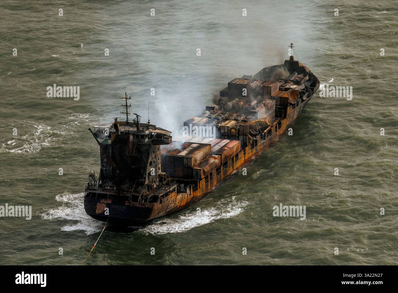 Smoke billows from the MV Solong cargo ship in the North Sea, off the ...