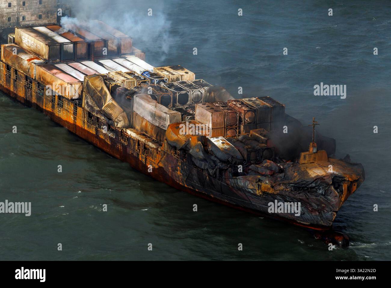 Smoke billows from the MV Solong cargo ship in the North Sea, off the ...