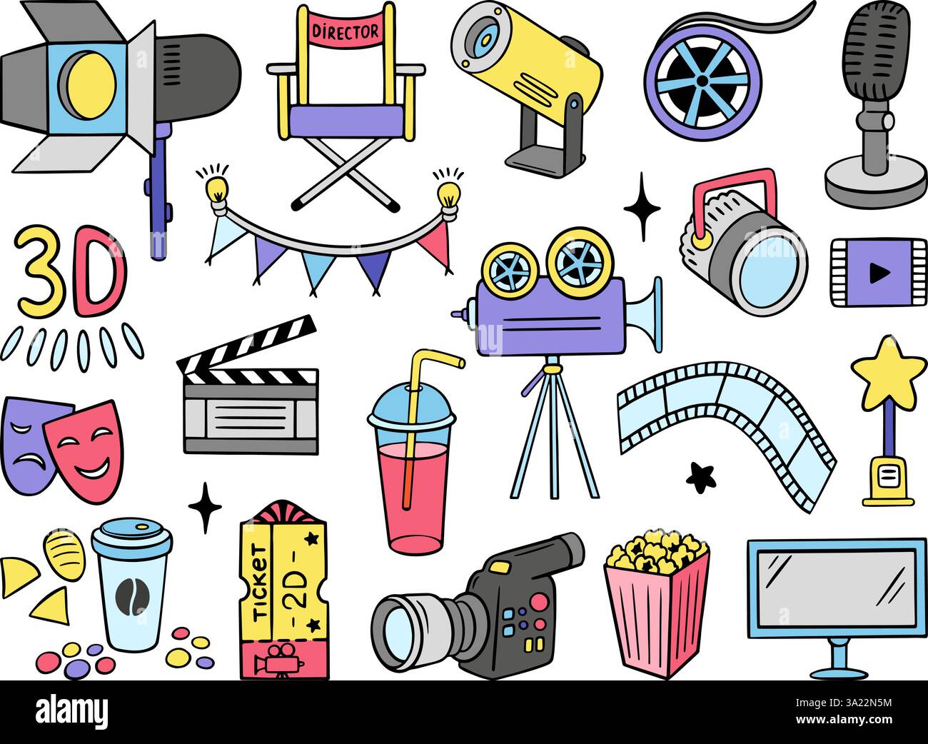 Movie icons. Doodle style cinema symbols, film tape, cameras, clapperboard, director chair ...