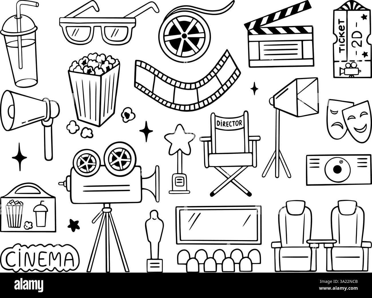 Doodle cinema elements. Movie film tape, popcorn basket, clapperboard. Shooting process sketch ...