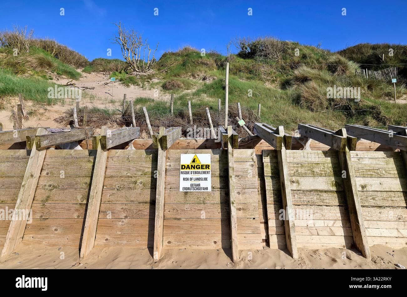 Wissant (northern France), 2024/05/22: coastal erosion. Wooden ...