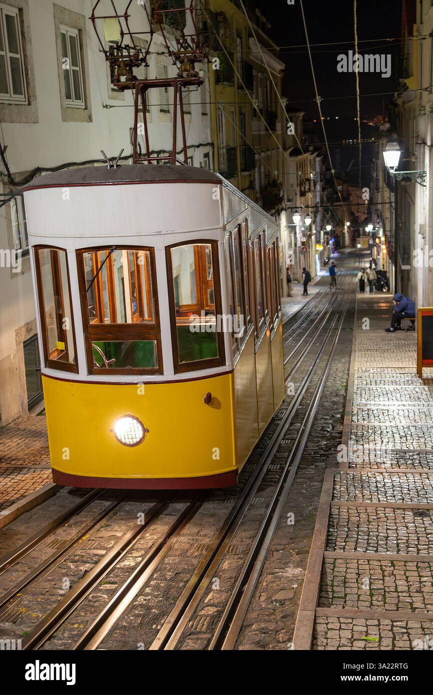 Night view of the Bica Funicular, in the old town of Lisbon, Portugal ...
