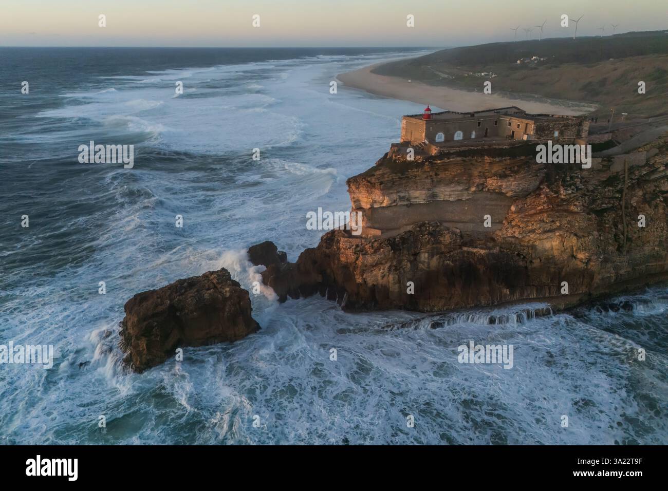 Aerial view of the The Nazare Lighthouse - Farol de Nazare -, where ...