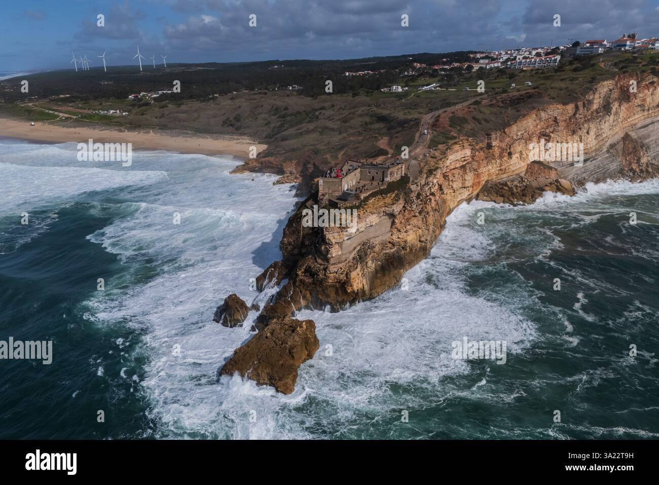 Aerial view of the The Nazare Lighthouse - Farol de Nazare -, where ...
